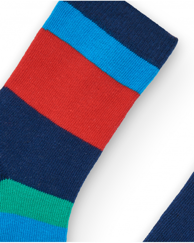 Boys socks in blue with multicoloured stripes and fun print from the Big Brains collection
